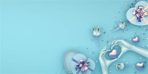 해피 발렌타인 데이 장미 꽃과 손 하트 모양 선물 상자 파란색 파스텔 배경에 색종이 반짝이 인사말 카드 플랫 레이 배너 레이아웃 상단보기 복사 공간 텍스트 영역 3d