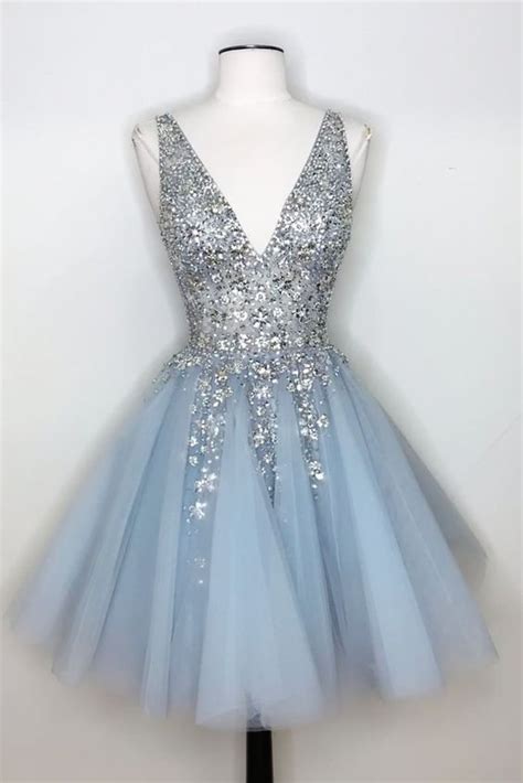 V Neck Light Sky Blue Homecoming Dress With Sequins Blue Homecoming Dresses Short Prom Dress