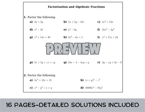 Factorization And Algebraic Fractions Worksheet With Solutions Teaching Resources