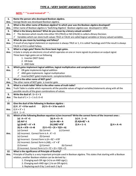 Class 12 Sumita Arora C Ch13 Boolean Algebra Type A Very Short Answer Questions Note