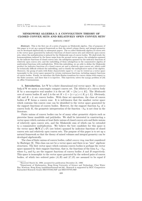 Pdf Minkowski Algebra I A Convolution Theory Of Closed Convex Sets