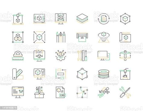 3d 인쇄 및 모델링 관련 벡터 얇은 선 아이콘 윤곽선 기호 모음 아이콘에 대한 스톡 벡터 아트 및 기타 이미지 아이콘 3차원 인쇄 설치 Istock