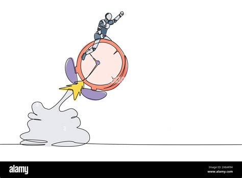 Single One Line Drawing Robot Riding Alarm Clock Rocket Flying In The