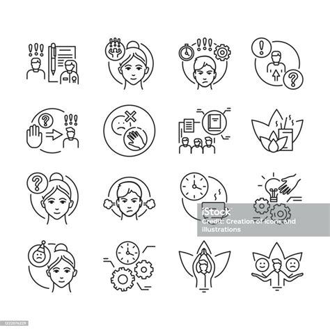 셀프 컨트롤 블랙 라인 아이콘 설정 웹 페이지 모바일 앱 프로모션에 대한 유혹 Pictogram의 얼굴에 자신의 감정 생각 행동을 조절 할 수있는 능력 편집 가능한 스트로크