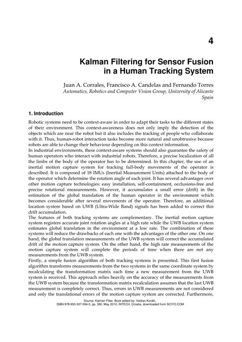 Pdf Kalman Filtering For Sensor Fusion In A Human Tracking System