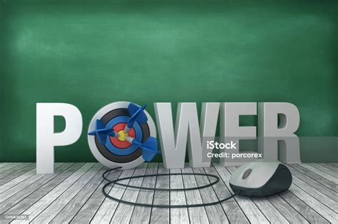 칠판 배경에 대상 및 컴퓨터 마우스와 3d 워드 파워 3d 렌더링 3차원 형태에 대한 스톡 사진 및 기타 이미지 3차원 형태 가정의 방 겨냥 Istock