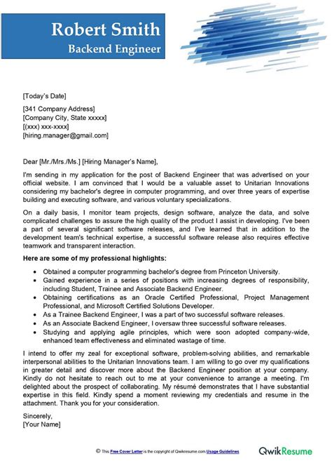 Backend Engineer Cover Letter Examples Qwikresume