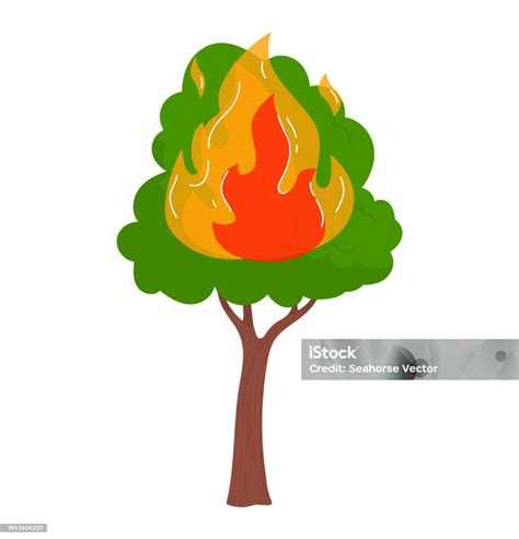 불에 탄 나무 주황색과 노란색 불꽃이 있는 녹색 잎 환경 문제 산불 개념 벡터 일러스트 레이 션 기후 묘사에 대한 스톡 벡터 아트 및 기타 이미지 Istock