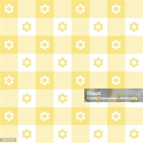 귀여운 데이지 꽃 해바라기 파스텔 노란색 체크 무늬 격자 무늬 깅엄 패턴 배경 벡터 만화 일러스트 레이션 테이블 보 피크닉 매트 랩 페이퍼 매트 직물 직물 스카프 0명에