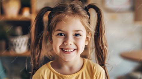 A Young Girl With Pigtails Smiles Brightly For The Camera Premium Ai