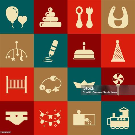 세트 장난감 기차 롤리팝 파티 모자 포크와 숟가락이 있는 아기 칼붙이 왁스 크레용 그리기 유아용 침대 걸이 장난감 하트의 풍선 형태 및 케이크 굽기 촛불 아이콘 벡터 0명에