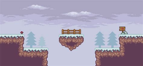 Pixel Art Game Scene In Snow With Floating Platform Fence Pine Trees Clouds And Flag 8bit