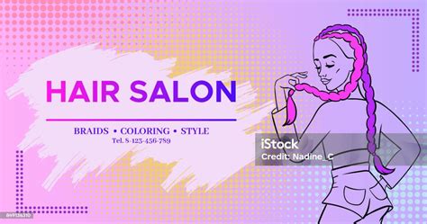 컬러 복 서와 팝 아트 스타일 여자 헤어 살롱 배너 아름다움 스튜디오 포스터 벡터 일러스트 레이 션 패션 현대 여성 미용실 전단지 청바지 반바지를 입고 유행 헤어스타일 머리