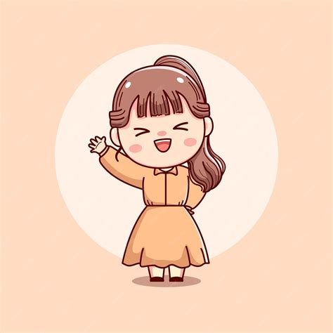 Premium Vector Cute Happy Beautiful Girl Waving Hand Kawaii Chibi