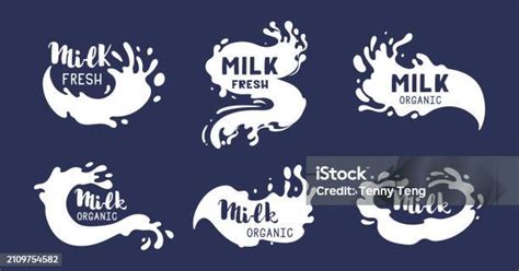 유제품 스플래시 라벨 만화 유백색 스플래시 로고 암소 또는 염소 우유 글자 우유 흐름 스탬프 평면 벡터 일러스트 레이 션 세트
