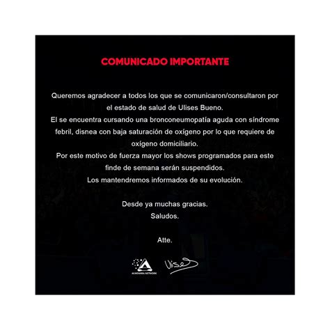 Ulises Bueno Tuvo Que Suspender Sus Shows Por Un Cuadro De Bronconeumopatía “está Asistido Con