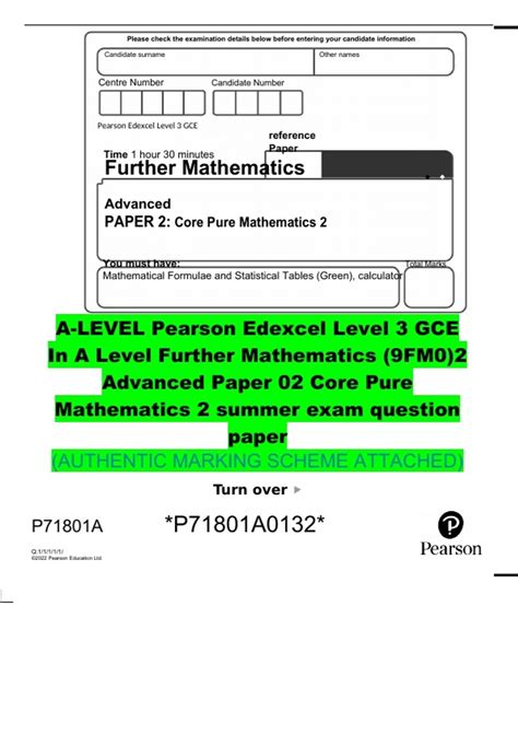 A Level Pearson Edexcel Level 3 Gce In A Level Further Mathematics