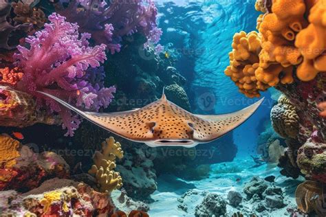 A Stingray Swims Underwater In Salty Sea Water Near Corals And The