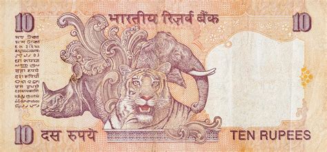 Elephant Rhinoceros And Tiger Depicted On Indian Bank Note Ten Rupees