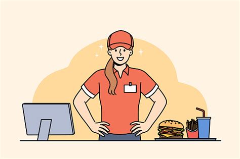 여성 패스트푸드 카페 종업원이 햄버거와 음료가 담긴 모니터와 쟁반이 있는 금전 등록기 근처에 서 있습니다 개념에 대한 스톡 벡터