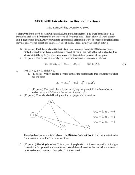 Exam 3 Review Questions Introduction To Discrete Structures Math 2800 Docsity