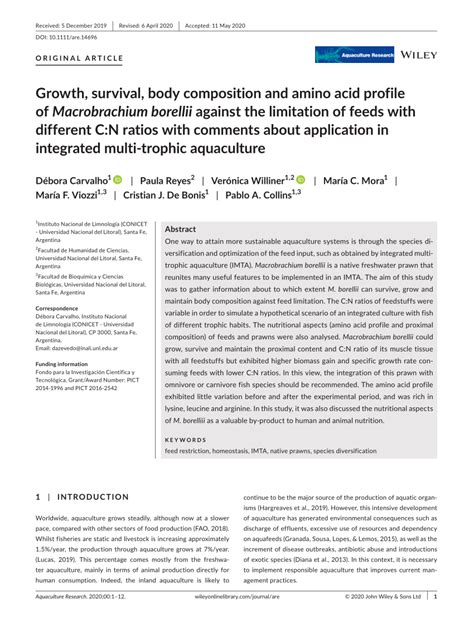 Pdf Growth Survival Body Composition And Amino Acid Profile Of Macrobrachium Borellii