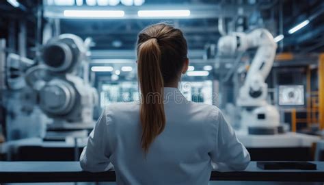 Factory Female Industrial Manager Engineer Supervising Automation Robot