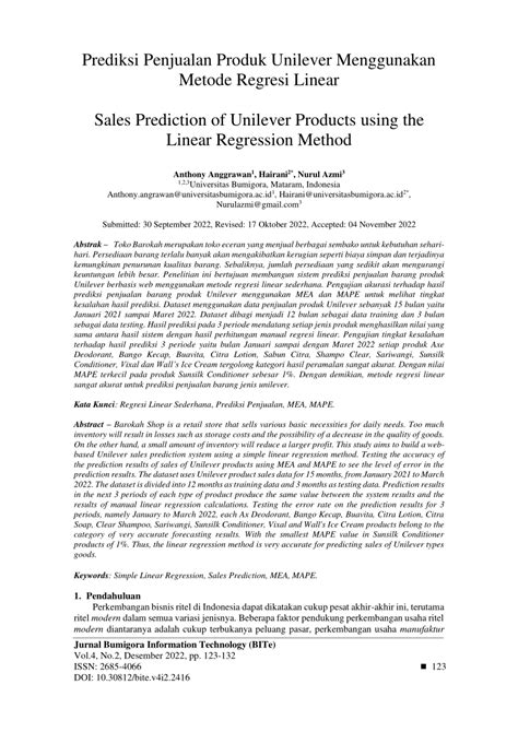 Pdf Prediksi Penjualan Produk Unilever Menggunakan Metode Regresi Linear