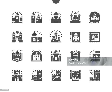 성 곽과 요새 건물 건축 중세 고대 왕국 판타지 요새 궁전 동화 역사와 왕실 비행 성 벡터 솔리드 아이콘입니다 간단한 그림 아이콘에 대한 스톡 벡터 아트 및 기타 이미지