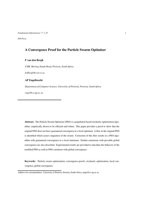 Pdf A Convergence Proof For The Particle Swarm Optimiser