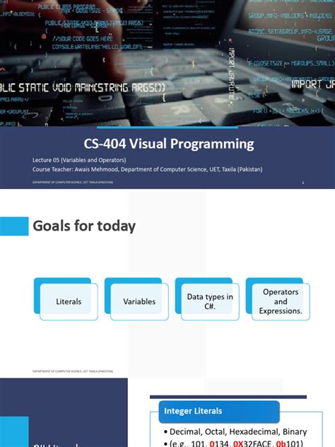 Lecture 05 06 Literals Variables Operators Dicision Making Branching Pdf Integer