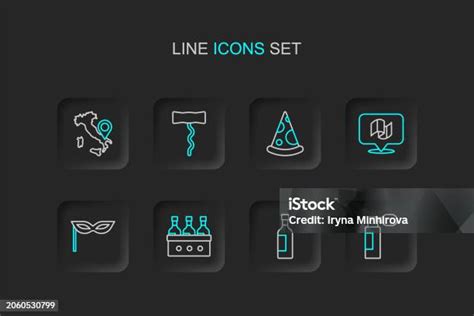 라인 향수 와인 병 병 카니발 마스크 국기 이탈리아 슬라이스 피자 와인 코르크 마개 지도 아이콘을 설정합니다 벡터 0명에 대한 스톡 벡터 아트 및 기타 이미지 Istock