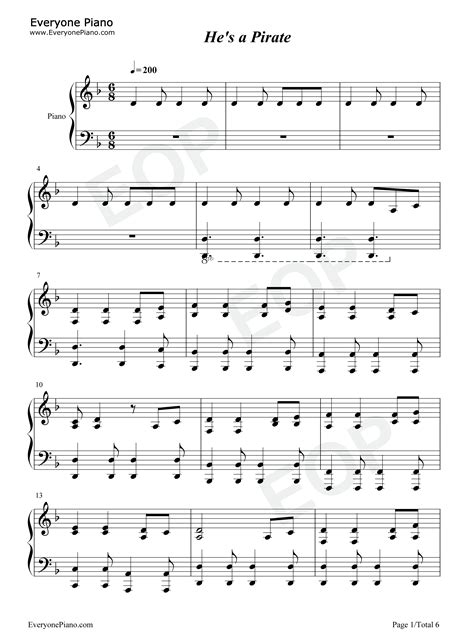 Hes A Pirate 适中版 钢琴谱文件（五线谱、双手简谱、数字谱、midi、pdf）免费下载