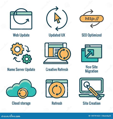 Website Update Icon Set With Seo Update Site Creation And Name Server Update Stock Vector