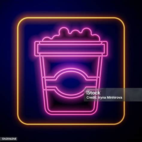 검은 색 배경에 고립 된 골판지 상자 아이콘에 빛나는 네온 팝콘 팝콘 버킷 박스 벡터 가득 찬에 대한 스톡 벡터 아트 및 기타 이미지 가득 찬 가방 단일 객체