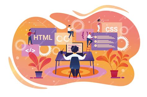 노트북에서 일하는 프로그래머 캐릭터 팀워크 프리미엄 벡터