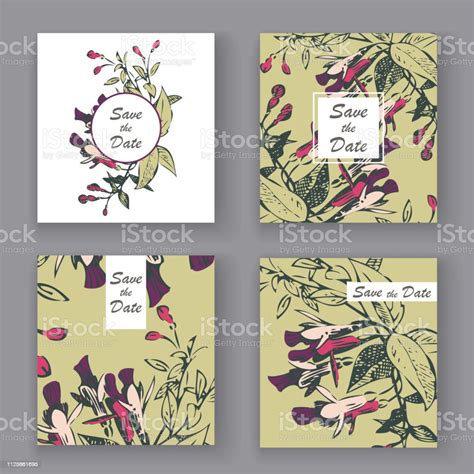 식물 결혼식 초대 카드 템플릿 디자인 손으로 그린 자홍색 꽃과 나뭇잎 녹색 배경 미니 멀 빈티지 스타일 벡터 일러스트 레이 션에 사각형 프레임 시골 파스텔 컬러 빈티지 0