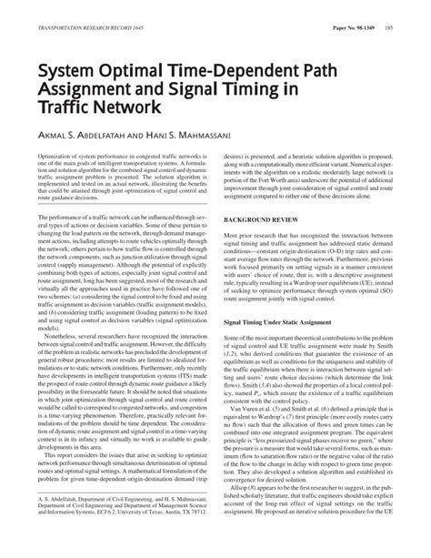 Pdf System Optimal Time Dependent Path Assignment And Signal Timing In Traffic Network