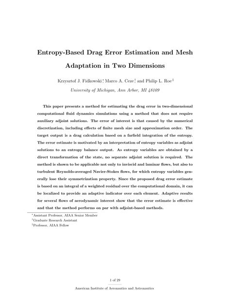 Pdf Entropy Based Drag Error Estimation And Mesh Adaptation In Two