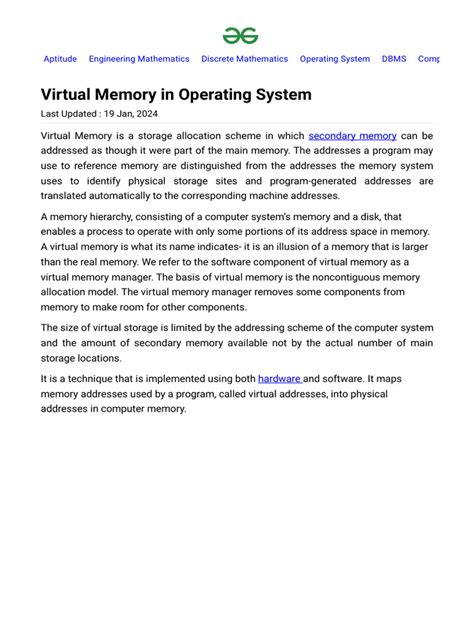 Virtual Memory In Operating System Geeksforgeeks Pdf Process
