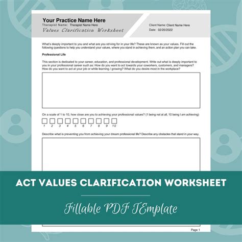 Act Values Clarification Worksheet Editable Fillable Pdf For
