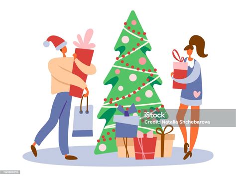 크리스마스 트리와 겨울 휴가를 준비하는 선물과 함께 서 있는 소녀 근처의 선물 상자와 쇼핑 백이있는 산타의 모자를 쓴 플랫 만화 남자 하트가있는 격리 된 벡터 그림입니다