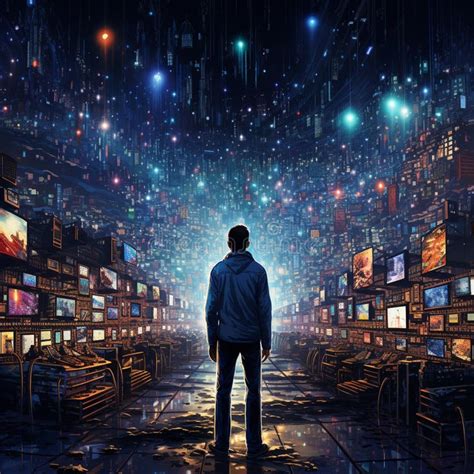 Ai Generated Illustration Of A Male Observing Multiple Computer Screens Stock Illustration