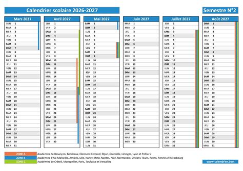 Calendrier Scolaire 2026 2027 à Imprimer Et Télécharger En Pdf