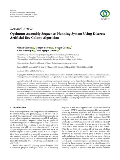 pdf optimum assembly sequence planning system using discrete artificial bee colony algorithm