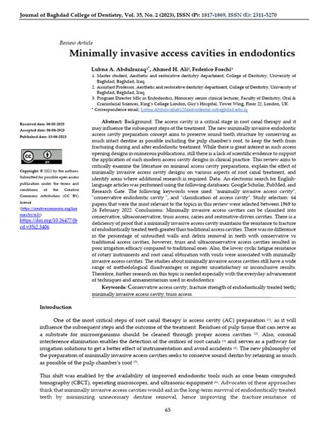 Minimally Invasive Access Cavities In Endodontics Pdf Human Tooth Tooth