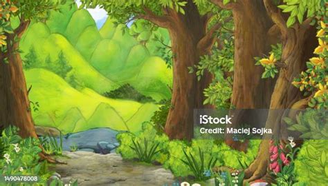 숲속의 길이 있는 만화 여름 장면 현장에 아무도 없음 어린이를 위한 그림 0명에 대한 스톡 벡터 아트 및 기타 이미지 0명 계절 관광 Istock