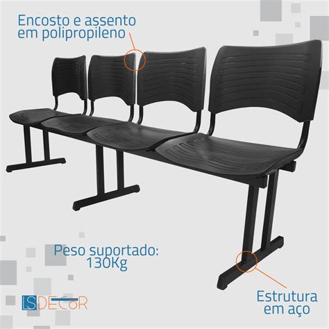 Cadeira Iso Longarina Polipropileno 4 Lugares Preta Madeiramadeira