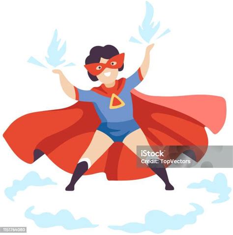 다채로운 슈퍼 히어로 의상 빨간 마스크와 케이프 벡터 일러스트 레이 션에 슈퍼 아이 문자를 입고 귀여운 소년 귀여운에 대한 스톡