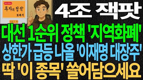 주식 4조 잭팟 계약 대선 1순위 정책 지역화폐 상한가 급등 나올 이재명 대장주 딱 이 종목 쓸어담으세요 이재명관련주 정치테마주 주가전망 급등주 디에스경제뉴스